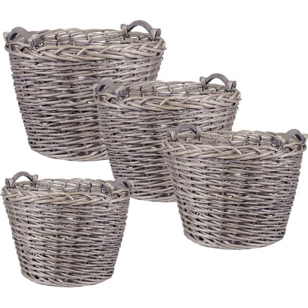 Cache pot rond en osier gris avec poignées (lot de 4)