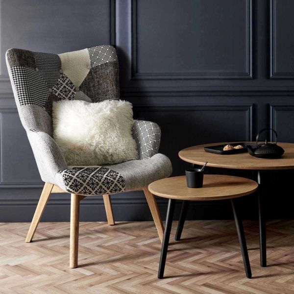 Fauteuil en bois et tissu patchwork helsinki